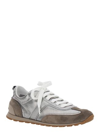 Brunello Cucinelli Womens Low Top Sneakers Grey Leather And Suede Trainers
