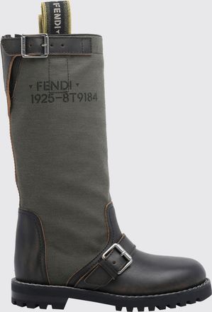 Fendi Commando Biker-Stiefel aus Leder und Canvas mit Logo und gekerbter Sohle