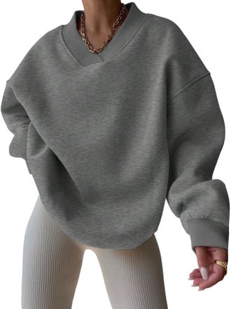 SOLY HUX Damen Sweatshirt Pullover Langarm Oberteil Oversized Langarmshirt V Ausschnitt Pulli Freizeitshirts Herbst Winter Outfit Dunkelgrau XL