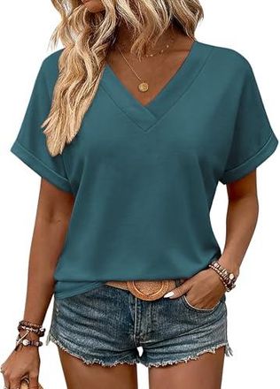 Zeagoo T-shirt pour femme - Col en V - Manches courtes - &Eacute;l&eacute;gant - D&eacute;contract&eacute; - Couleur unie - Tailles S &agrave; 2XL, vert fonc&eacute;, XXL