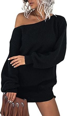 TOMWELL Robe Pull Femme Elégante Couleur Unie Sexy Robe Automne Hiver Tricotée à Manches Lanterne à Epaules Dénudées Noir L