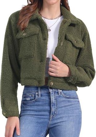 Allegra K Manteau Court Femme dHiver en Fausse Fourrure Veste Courte Moelleuse Boutonn&eacute;e avec Col Revers Blouson &eacute;paissir D&eacute;contract&eacute;e Jacket Arm&eacute;e verte M