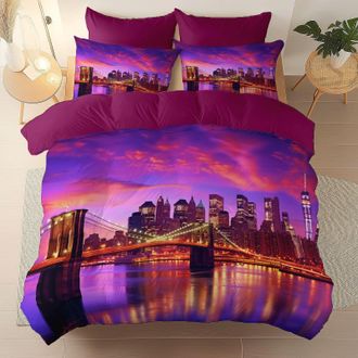 Generic 200 x 200 cm Tiefes Purpurrot Weiche Bettw&auml;sche, Architektonische Nachtansicht Skyline Bettw&auml;sche-Sets Mikrofaser mit Rei&szlig;verschluss, Allergiker Bettd