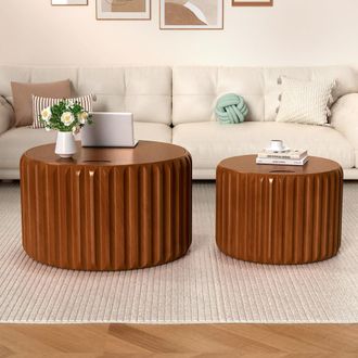 Generic Runde Beistelltische im 2er-Set, Moderne runde Beistelltische f&uuml;rs Wohnzimmer, platzsparende Beistelltisches aus Holz in Trommelform, Keine Montage er