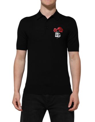 Dolce & Gabbana Mens Black Wool Logo Floral Short Sleeve T-Shirt Virgin