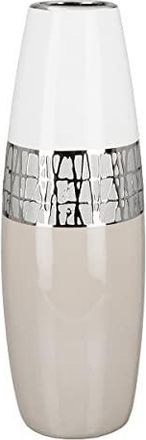 Gilde Deko Vase für Pampasgras - Kegelvase aus Keramik - Deko Wohnzimmer Geschenk für Frauen Geburtstag Muttertag - Farbe: weiß Silber beige Höhe 36 cm