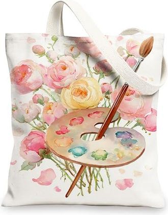 Generic Sacs fourre-tout en toile artistique, motif palette florale, sacs à provisions réutilisables, chics, colorés, légers et lavables pour Tr, blanc, 13x15