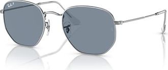 Ray-Ban Hexagonal Flat Lenses Sonnenbrillen Silber Fassung Blau Glas Polarisiert 51-21