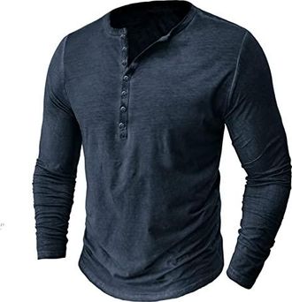 Generic T-shirt noir pour homme 2024 tendance pour homme délavé vintage hauts vieilli multi-boutons à manches longues couleur unie t-shirt de gym pour homme, 