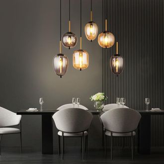 Globo Lighting Hängeleuchte 6 Flammig Esszimmerleuchte Glas amber Wohnzimmerleuchte rauch, messing Metall schwarz, 6x 6W 6x 380lm warmweiß, LxBxH 80x34x120 cm