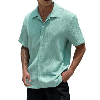 Generic Ovalyf Chemise en tricot texturé pour homme, chemise boutonnée à manches courtes en lin pour homme, t-shirt de vacances à la plage, Vert, XXL
