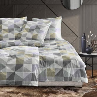 Irisette Feinbiber Bettw&auml;sche Koala 8646-30 Geometrisch Grau Gelb 135x200, 100% Baumwolle, warm, weich, atmungsaktiv, hautfreundlich, pflegeleicht, b&uuml;gelleicht