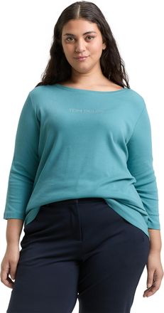 Tom Tailor Damen 1050737 Plus Size-Slim Fit Langarmshirt mit Glitzer-Logo, 31666-Tropical Teal, 50