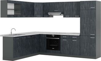 Vicco Eckküche R-Line, Küchenzeile in L-Form, Schwarz Beton/Anthrazit, 227 x 287 cm AP Marmor