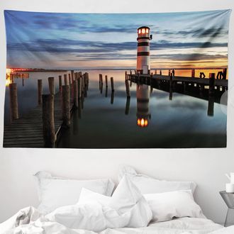 Abakuhaus Bunt Wandteppich und Tagesdecke, Leuchtturm Ruhe Dämmerung aus Weiches Mikrofaser Stoff Waschbar ohne Verblassen Digitaldruck, 230 x 140 cm, Dunkelbla