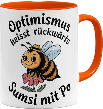 OM3 witzige Kaffee-Tasse mit Spruch - Optimismus heisst r&uuml;ckw&auml;rts Sumsi mit Po - Biene - Spruchtasse II - Keramik Becher - 325ml - Beidseitig Bedruckt - O