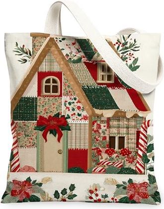 Generic Sacs fourre-tout en toile pour maison de Noël, sacs dépicerie réutilisables, vintage légers et lavables, Rouge, 13x15 Inch