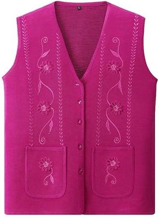 Generic Gilets en Maille pour Femmes D&Acirc;ge M&ucirc;r Et &Acirc;g&eacute;es, L&eacute;gers, Boutonn&eacute;s, Col V, sans Manches, Broderies Florales, Style Mamie, Rose Rouge, Taille S