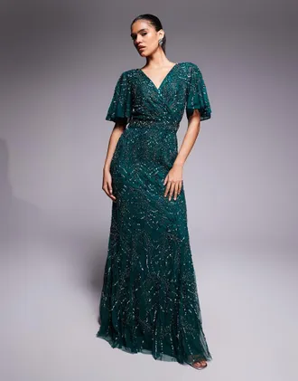 Beauut Verziertes Maxikleid in Dunkelgr&uuml;n mit Wickeldesign, V-Ausschnitt und Flatter&auml;rmeln