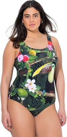 Ulla Popken Femme Grandes Tailles Maillot de Bain, Motif Toucan, sans Bonnets Souples, col Rond Noir 46+ 837455100-46+