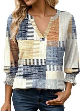 Generic Chemisier Femme Chic Manches 3/4, T Shirt Femme Col en V D&eacute;t&eacute; Imprim&eacute; Haut D&eacute;contract&eacute; Blouse Motifs Top Casual Chemise &Eacute;l&eacute;gant Automne Chic Ample Tun