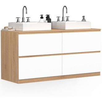 IDMarket Meuble double vasque suspendu salle de bain TOMI 120 cm 4 tiroirs fa&ccedil;on h&ecirc;tre et blanc
