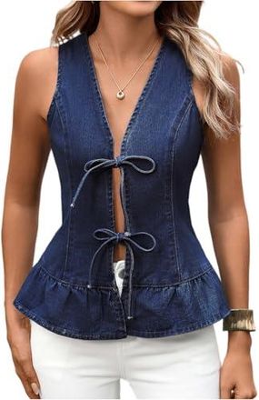 Generic Debardeur Femme Chic et &eacute;l&eacute;gant Jean Chemisier sans Manche Button D&eacute;bardeur Top Ete Haut Chic et Elegant Fluide Ample Caraco Vetement Femme Ete Tee Sh