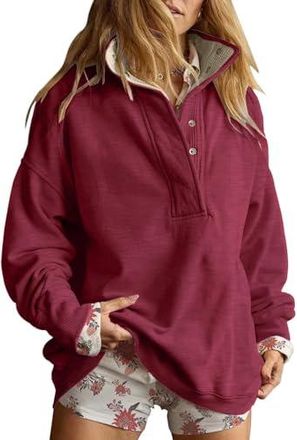 Generic Sweat-shirt surdimensionné décontracté à manches longues, col quart de bouton, en coton, pull-over pour lautomne et les voyages, bordeaux, XXL