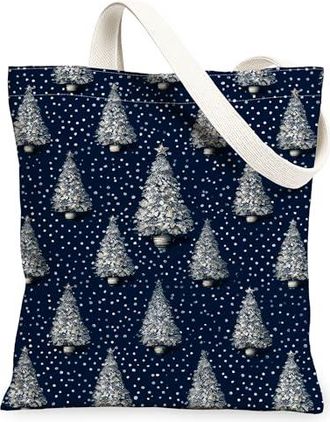 Generic Sacs fourre-tout en toile bleu marine, motif arbre festif, sacs de courses r&eacute;utilisables, sacs de courses vintage, l&eacute;gers et lavables en toile pour sa