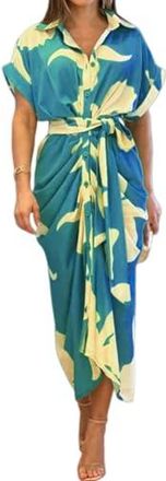 Generic Robe longue d&eacute;t&eacute; boh&egrave;me &agrave; motif floral pour femme, boutonn&eacute;e, manches chauve-souris, ceinture fronc&eacute;e, robe de plage et de vacances, bleu, 3XL