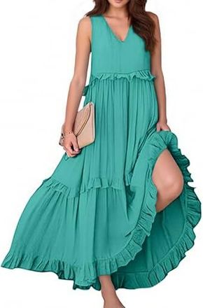 Generic Robe boh&egrave;me 2026 pour femme, col sans manches avec plis superpos&eacute;s, coupe ample et jupe longue fluide, &eacute;l&eacute;gante et d&eacute;contract&eacute;e, plage, vert menthe, X