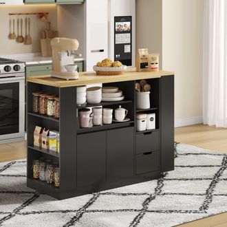 Suky Brand K&uuml;cheninsel mit ausziehbarer Arbeitsplatte, Lange Aufbewahrungsinsel mit dreiseitigen Regalen und Zwei Schubladen, Kaffeebar, ausziehbarer Esstisch au