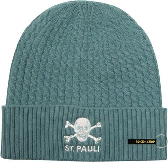 FC St. Pauli M&uuml;tze Zopfmuster Totenkopf - Offizieller Fanartikel - gr&uuml;ne Strickm&uuml;tze mit Logo-Stickerei im Materialmix - einlagig gestrickt (DE/NL/SE/PL, Alphanume