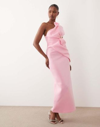 Asos Asymmetrisches One-Shoulder-Midikleid aus neoprenartigem Stoff in Hellrosa mit Verzierung