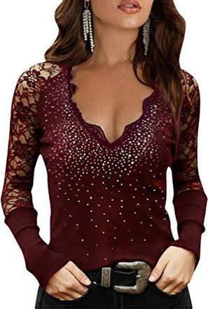 Onsoyours Hauts sans Bretelles des Femmes en Vrac Grande Taille À Manches Longues O-Cou Pull Casual Sweat-Shirt De Couleur Unie T-Shirt Top Casual Blouse A Vin 