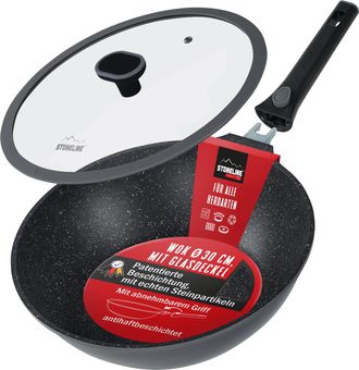 STONELINE SMART Wokpfanne 30 cm, 4,8 L Servierpfanne Gro&szlig;e Pfanne mit Deckel, Abnehmbarem Griff, Aluguss Pfanne Induktion, Alle Herdarten, Antihaftbeschichtet m