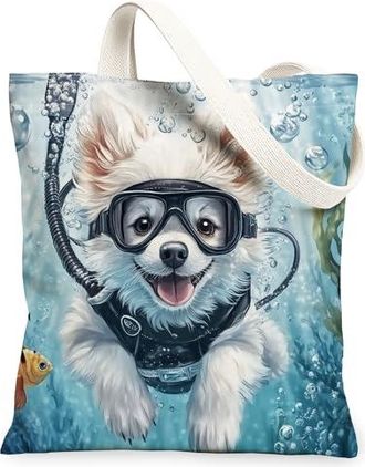 Generic Sac fourre-tout en toile pour faire du shopping, 33 x 38,1 cm, motif chiot nautique oc&eacute;an, mer, sac d&eacute;picerie r&eacute;utilisable, sac d&eacute;picerie pour femme, 