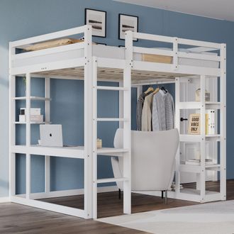 Generic BXEYXE Hochbett mit Leiter Massivholz 140 * 200 cm, Mit Tisch und Regalen, Mit Einfachen Aufhängungen und Ablage Laminat, Kinderbetten Jugendbetten, D