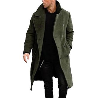 Generic Trench vintage &eacute;pais &agrave; double boutonnage classique thermique en laine m&eacute;lang&eacute;e long manteau pour temps froid pour homme, Vert, XXL