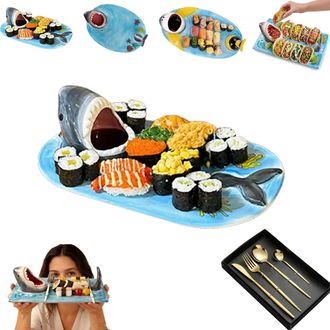 Generic Hai-Charcuterie-Brett, 3-in-1-Hai-Sushi-Teller Mit Dip-Sauce-Schale, Lustiger Handgefertigter Keramik-Hai-Taco-Halter, Hitzebest&auml;ndig Bis 1300 &deg;C, Mik