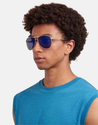 Polaroid Sunglasses Lunettes de soleil aviateur en m&eacute;tal &agrave; verres polaris&eacute;s bleus effet miroir - Dor&eacute;