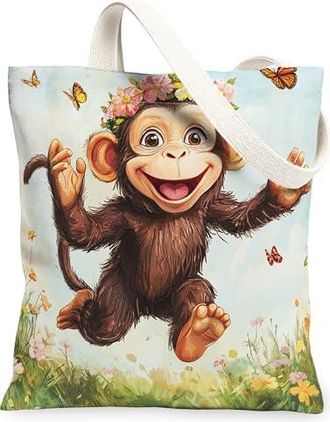 Generic Sac fourre-tout en toile motif singe printanier 33 x 38,1 cm, motif papillons amusants, sac d&eacute;picerie r&eacute;utilisable pour femme, peinture danimaux, d&eacute;co