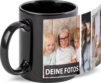 Tassendruck Schwarze Tasse zum selbst gestalten mit Foto-Collage für 3 Wunschfotos - Geschenk für Freunde zum Geburtstag, Weihnachten - Keramik, 300 ml | Personal