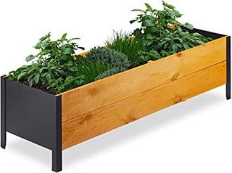Relaxdays Hochbeet inkl. Vlies, HBT: 32,5x118x35 cm, Holz Kräuterbeet für Terrasse, Balkon & Garten, rechteckig, Natur, 10036905, Hellbraun, Schwarz