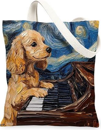 Generic Sac fourre-tout r&eacute;utilisable en toile pour le shopping Motif cocker &eacute;pagneul 33 x 38,1 cm, motif piano nocturne &eacute;toil&eacute;, sac d&eacute;picerie, sac &agrave; bandouli&egrave;