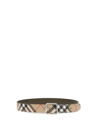 Burberry Mens Reversible B Buckle Check Belt Sand-Military-Silver Calf Leather Bos Taurus E Braces Sand/military/silver