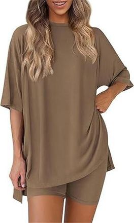 Generic Ensemble d&eacute;contract&eacute; &agrave; col rond et fente pour femme - Short ample &agrave; manches courtes - Surv&ecirc;tement surdimensionn&eacute; - V&ecirc;tements de printemps et d&eacute;t&eacute;, mar