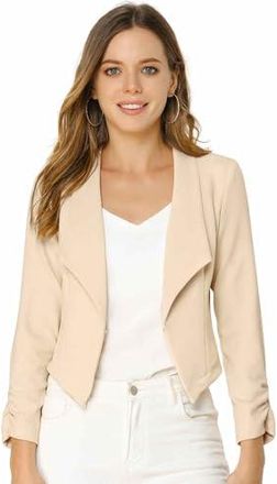 Allegra K Veste courte de travail pour femme avec revers cranté, manches longues, ouverture sur le devant, blazer court, beige, 40