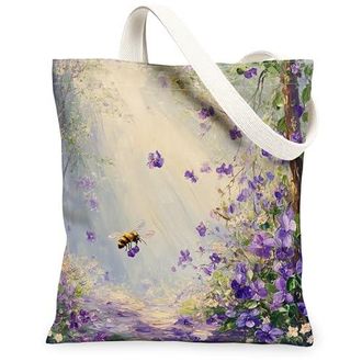 Generic Sac fourre-tout en toile violet printanier pour le shopping, 33 x 38 cm, motif for&ecirc;t, fleurs, abeilles, sac d&eacute;picerie r&eacute;utilisable pour femme, peintur