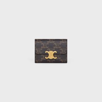 Celine Womens Portefeuille Triomphe Canvas Compact Tan Brown Petite Maroquinerie